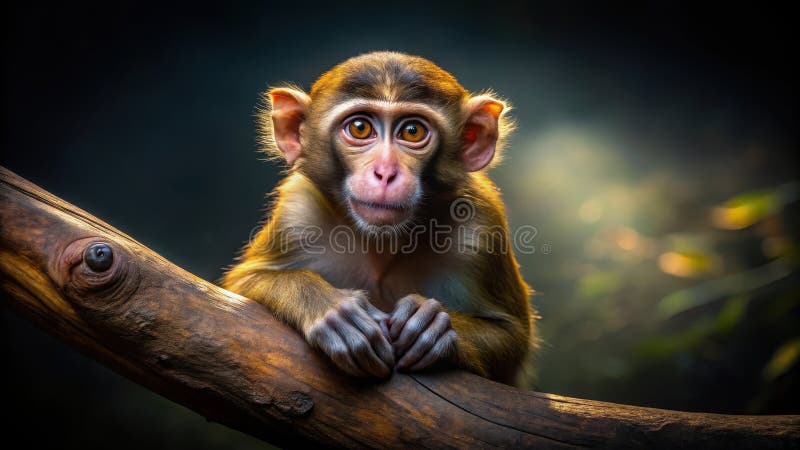 A Young Monkey Perched on a Branch, Gazing Directly at the Camera with ...