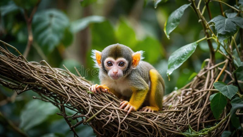 A Young Monkey Perched on a Nest-like Structure Surrounded by Lush ...