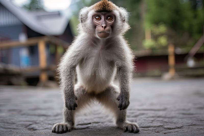 A Young Monkey Standing on the Ground with Its Face Stock Illustration ...