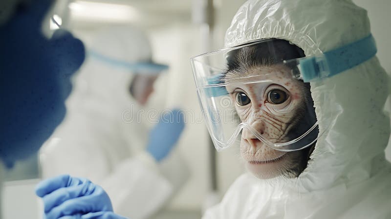 A Young Monkey Wearing Protective Gear, Including a Face Shield, in a ...