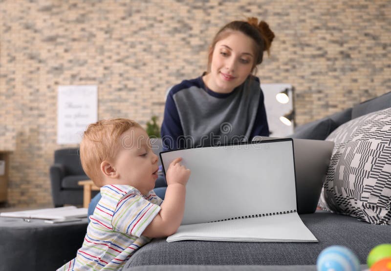 Young Mother with Baby Working at Home Stock Image - Image of care ...