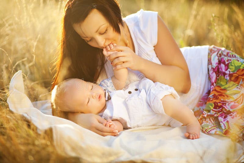 Young Mother with Infant Baby Outdoors Stock Photo - Image of happiness ...