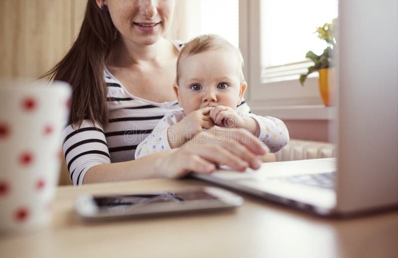Young Mother Working from Home Stock Photo - Image of phone, dotted ...