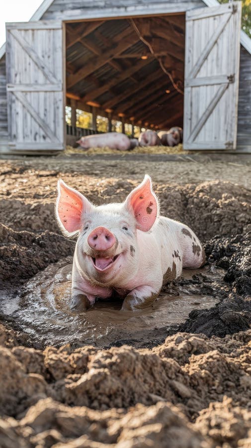 Young Mud-Covered Pig Lying on Its Back with Closed Eyes in Relaxation ...