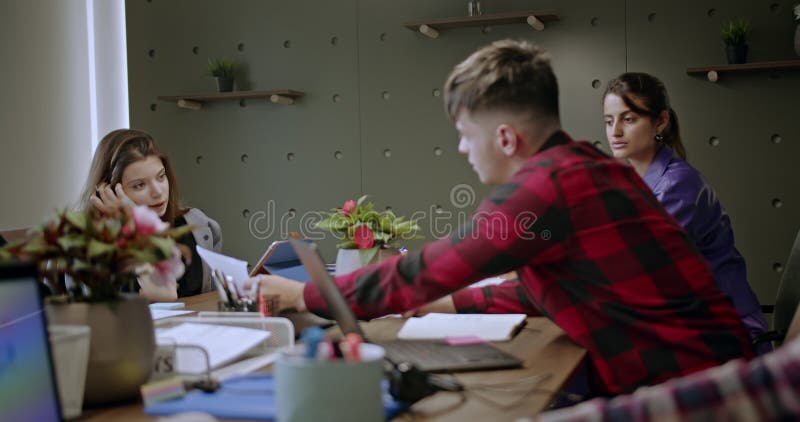 Young Multiracial Colleagues Collaborate and Work Together in a Modern Office, Sharing Documents ...