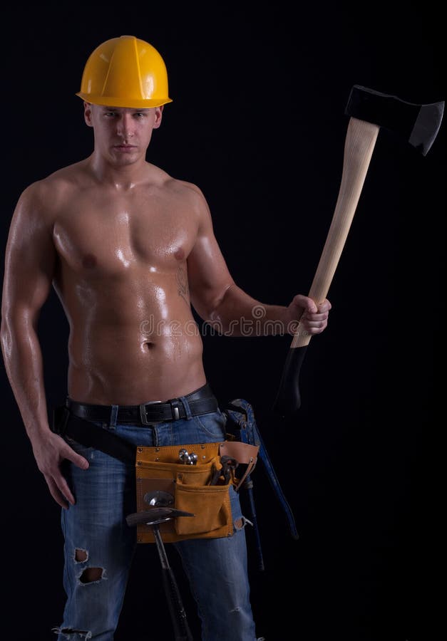 Young Muscular Worker Holding Hatchet Stock Photo - Image of ...