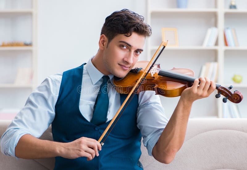 Young Musician Man Practicing Playing Violin at Home Stock Image ...