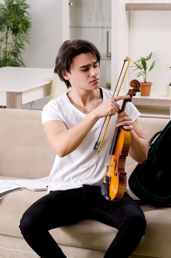 Young Musician Man Practicing Playing Violin at Home Stock Image ...