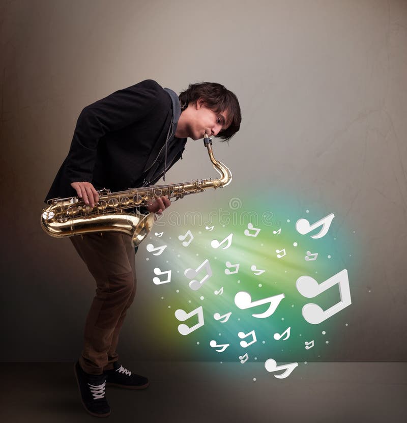 Young Musician Playing on Saxophone while Musical Notes Exploding Stock ...