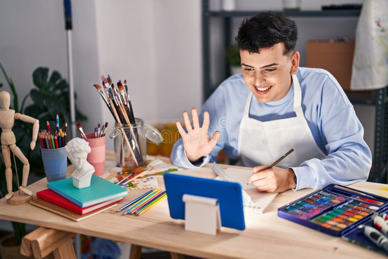 Young Non Binary Man Artist Having Online Drawing Class at Art Studio ...