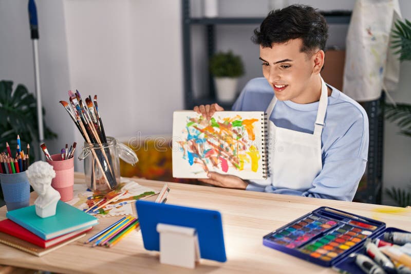 Young Non Binary Man Artist Having Online Drawing Class at Art Studio ...