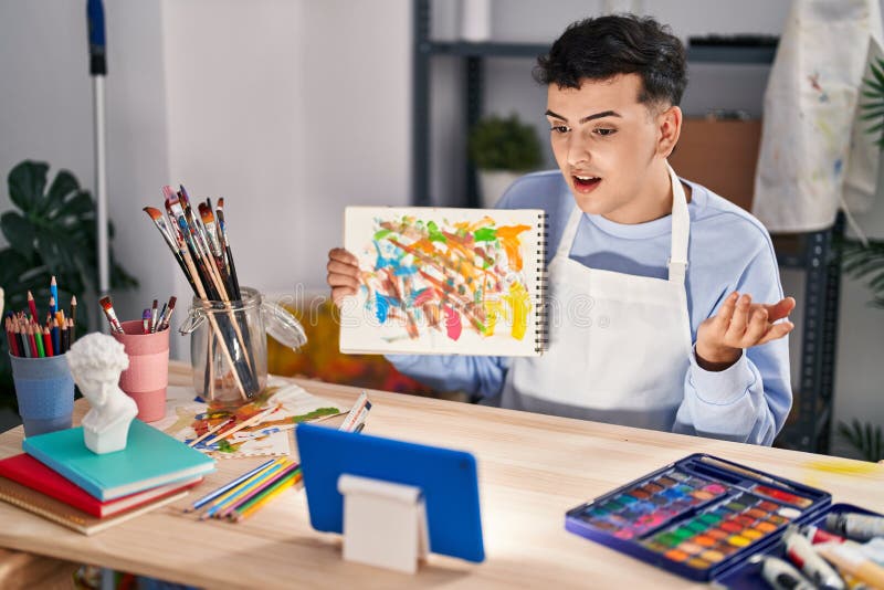 Young Non Binary Man Artist Having Online Drawing Class at Art Studio ...