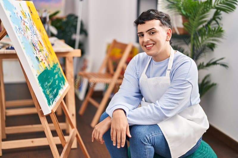 Young Non Binary Man Artist Smiling Confident Drawing at Art Studio ...