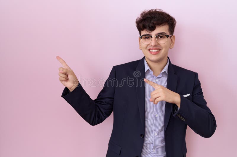 Young Non Binary Man with Beard Wearing Suit and Tie Smiling and ...