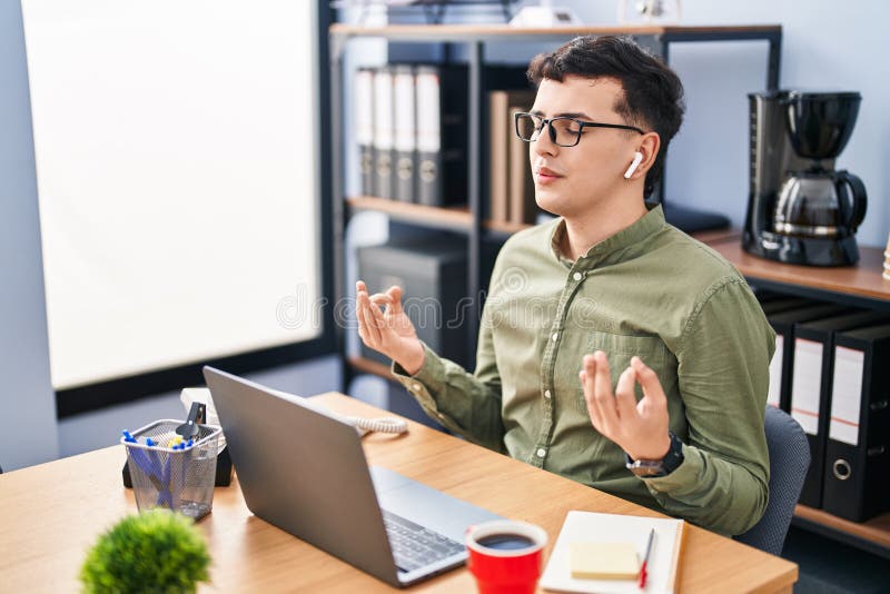 Young Non Binary Man Business Worker Doing Yoga Exercise at Office ...