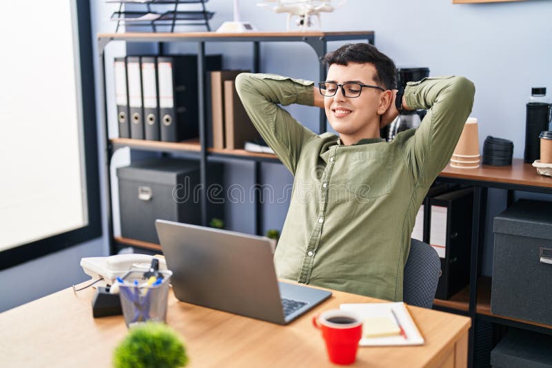 Young Non Binary Man Business Worker Using Laptop Working at Office ...