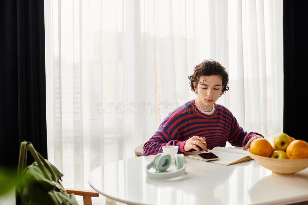 Curly-haired Non-binary Student Studies Stock Photo - Image of modern ...
