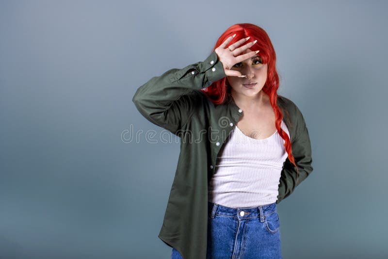 Young Non-binary Woman Covering Her Face with Her Hand. Concept of Fear ...