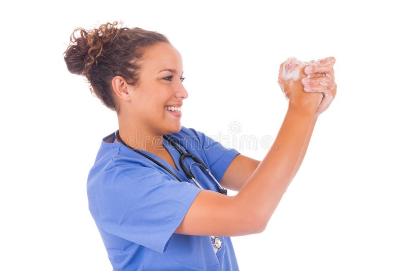 Young Nurse Washing Hands with Soap Stock Photo - Image of pretty ...