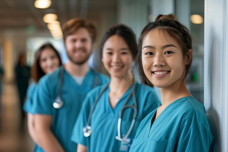 Young Nursing Student Standing with Her Team in a Hospital Dressed in ...