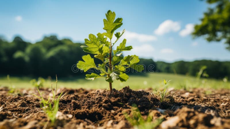 A Young Oak Tree Sprouting from the Ground in the Middle of a Field ...