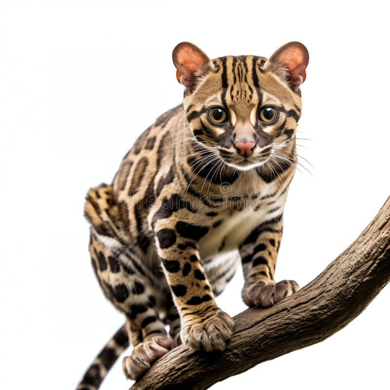 Young Ocelot on Tree Branch Isolated on White Background Stock ...