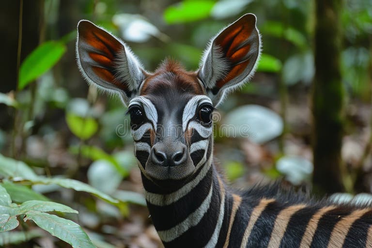 Young Okapi with Distinctive Zebra-striped Legs and White Face Markings ...