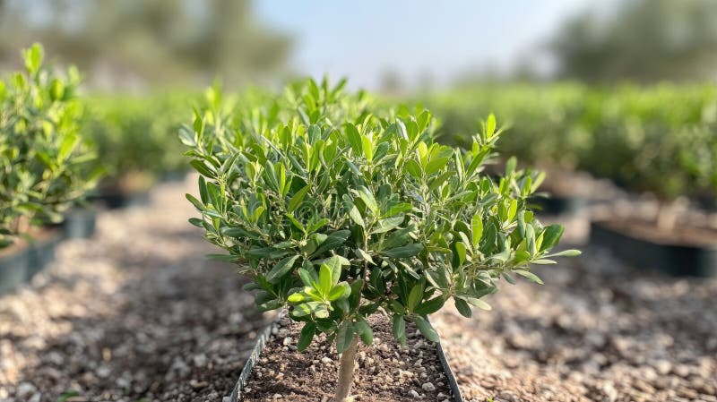 Young Olive Tree Growing in a Pot in a Nursery Stock Illustration ...
