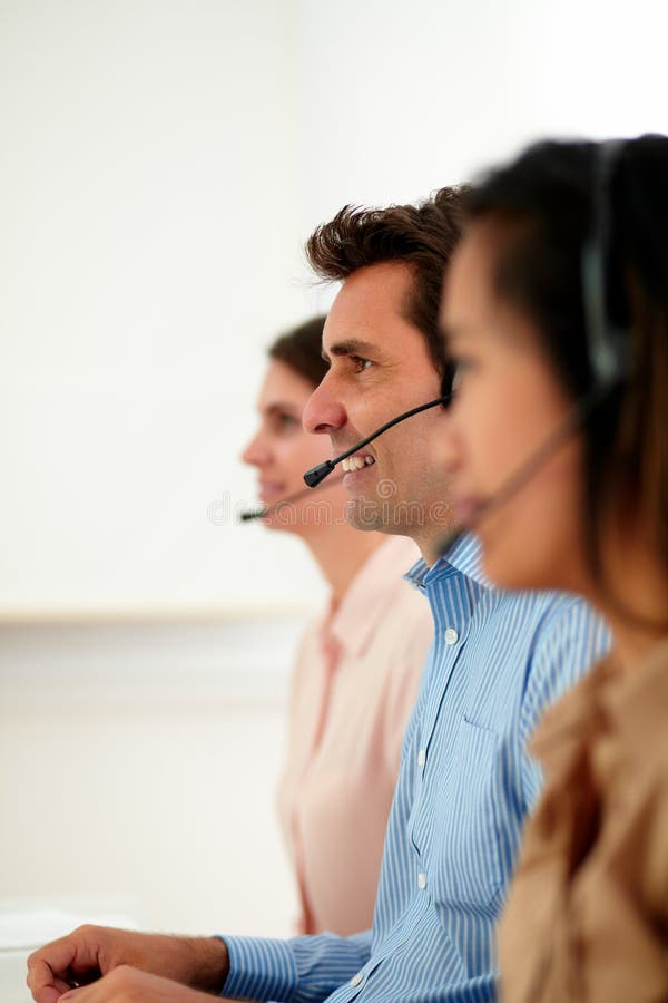 Young Operator Team Working with Microphone Stock Image - Image of ...