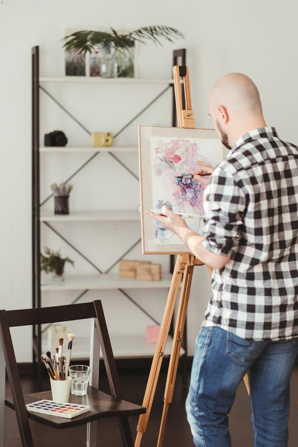 Young Painter Doing Easel Drawing at Art Studio Stock Image - Image of ...