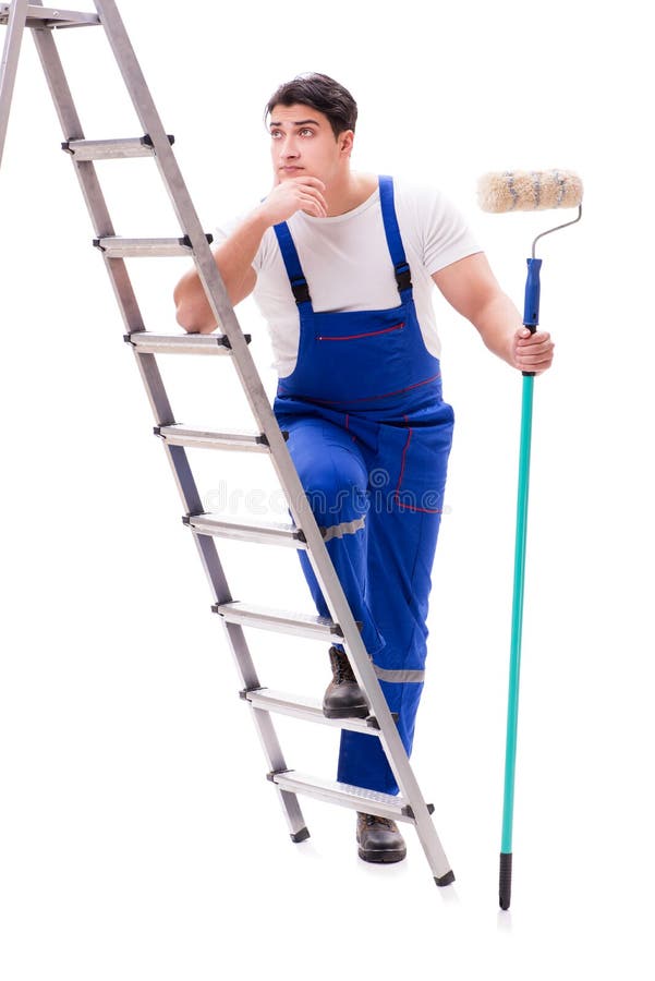 The Young Painter Man with Ladder Isolated on White Background Stock ...
