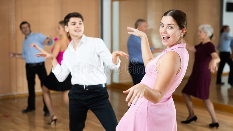 Young Pair Practicing Latino Dance in Dance Studio Stock Photo - Image ...