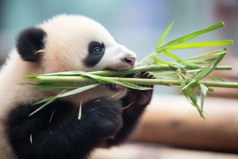 Young Panda Cub Nibbling on a Bamboo Shoot Stock Image - Image of white ...