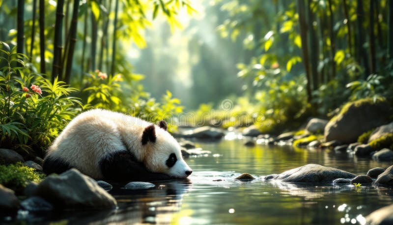 Young Panda Drinks from Stream in Bamboo Forest Stock Image - Image of ...