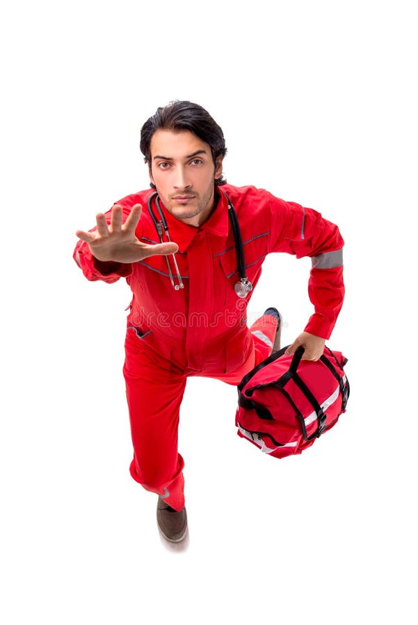 The Young Paramedic in Red Uniform Isolated on White Stock Image ...