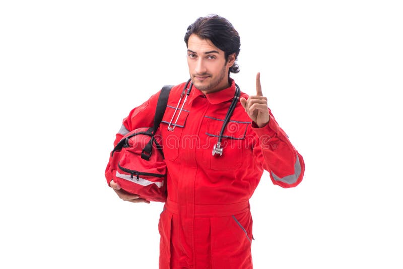 The Young Paramedic in Red Uniform Isolated on White Stock Photo ...