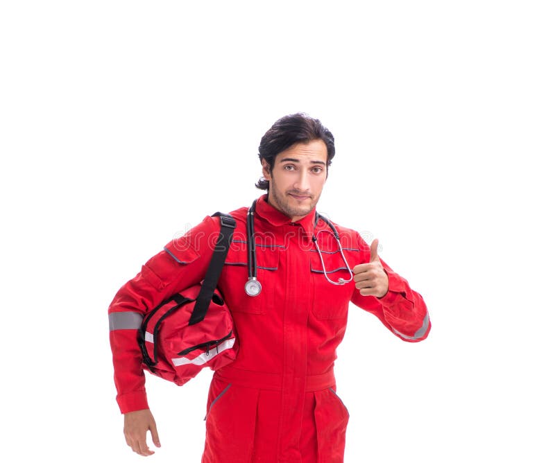 Young Paramedic in Red Uniform Isolated on White Stock Image - Image of ...