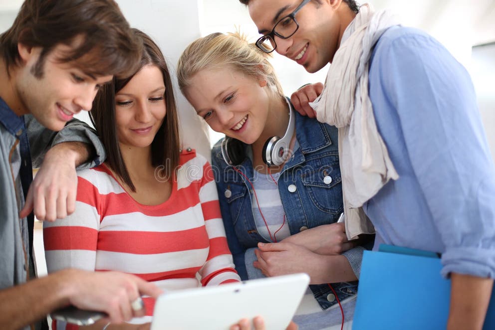 Young People during Break in Class Using Tablet Stock Image - Image of ...
