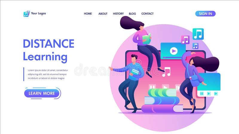 Young People on Distance Learning, Use Gadgets To Study. Flat 2D ...