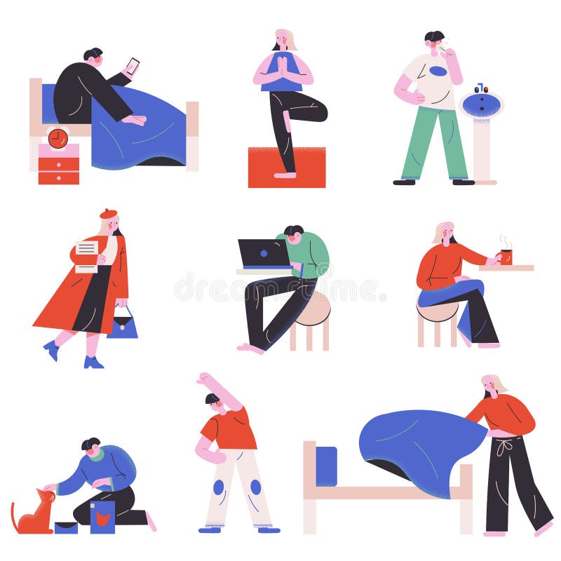 Young People Doing Everyday Routine Things Vector Illustration Stock ...