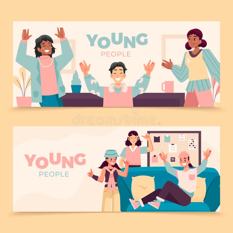 Young People Hand Drawn Cartoon Banner Set Stock Illustration ...