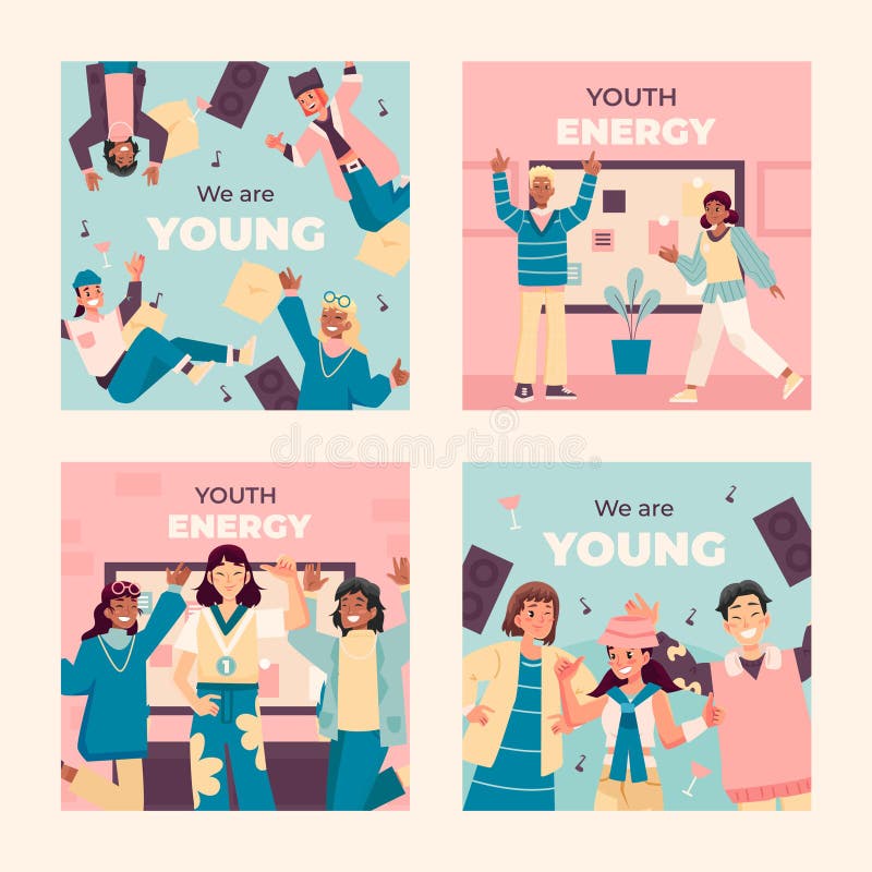 Young People Hand Drawn Cartoon Card Set Stock Illustration ...