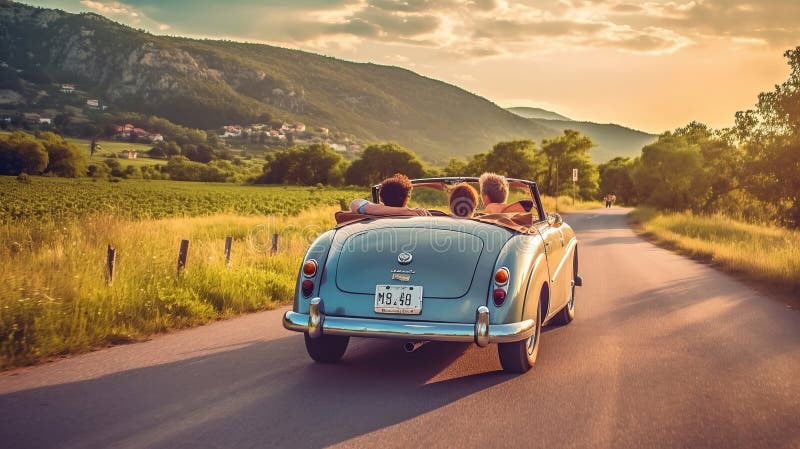 Young People Ride in a Vintage Convertible Back View. Generative AI ...