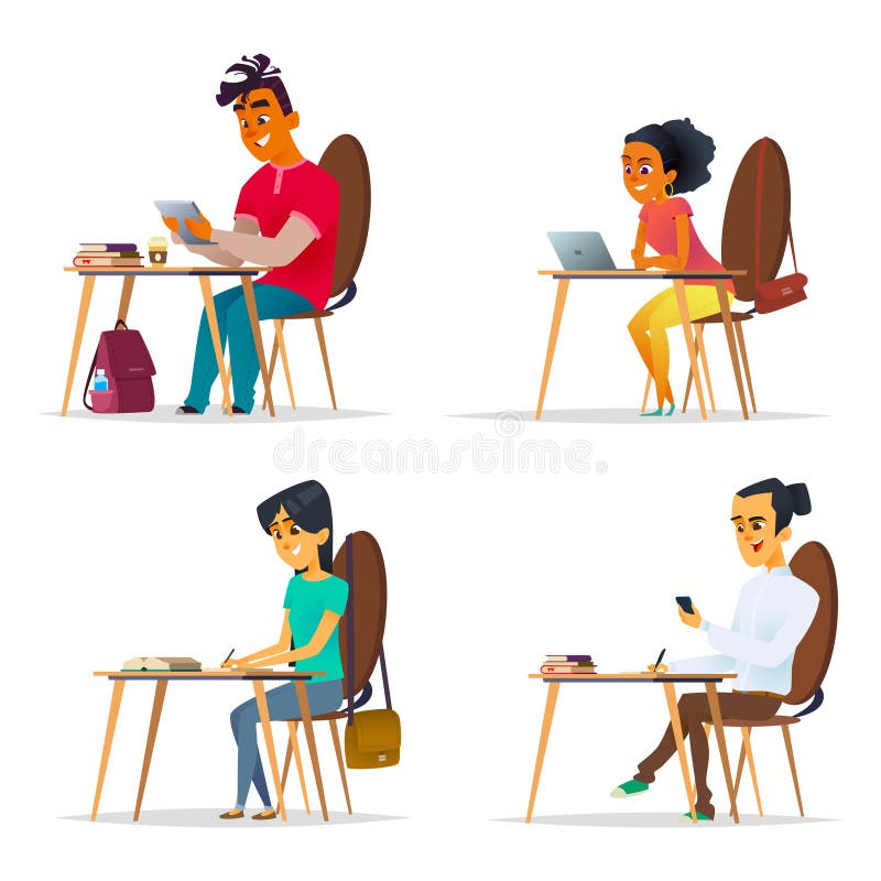 Young People at the Table, Working on a Project. Cartoon Flat Set ...