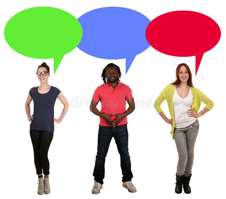 Young People Talking with Speech Bubble and Copyspace Stock Photo ...