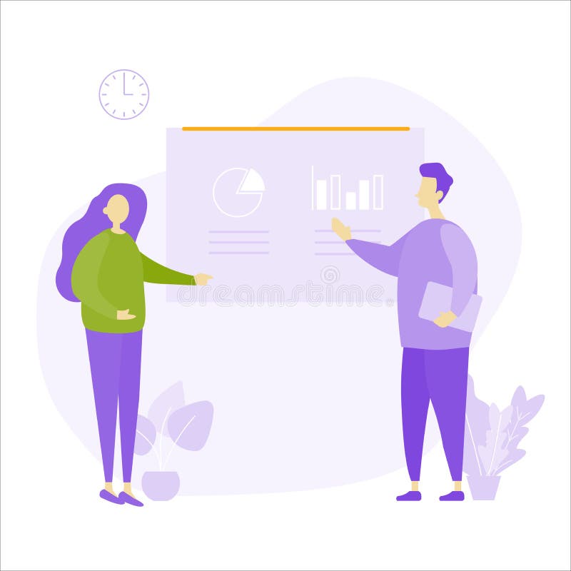 Young People Talking about Work Tasks on Meeting. Flipchart with Graph ...