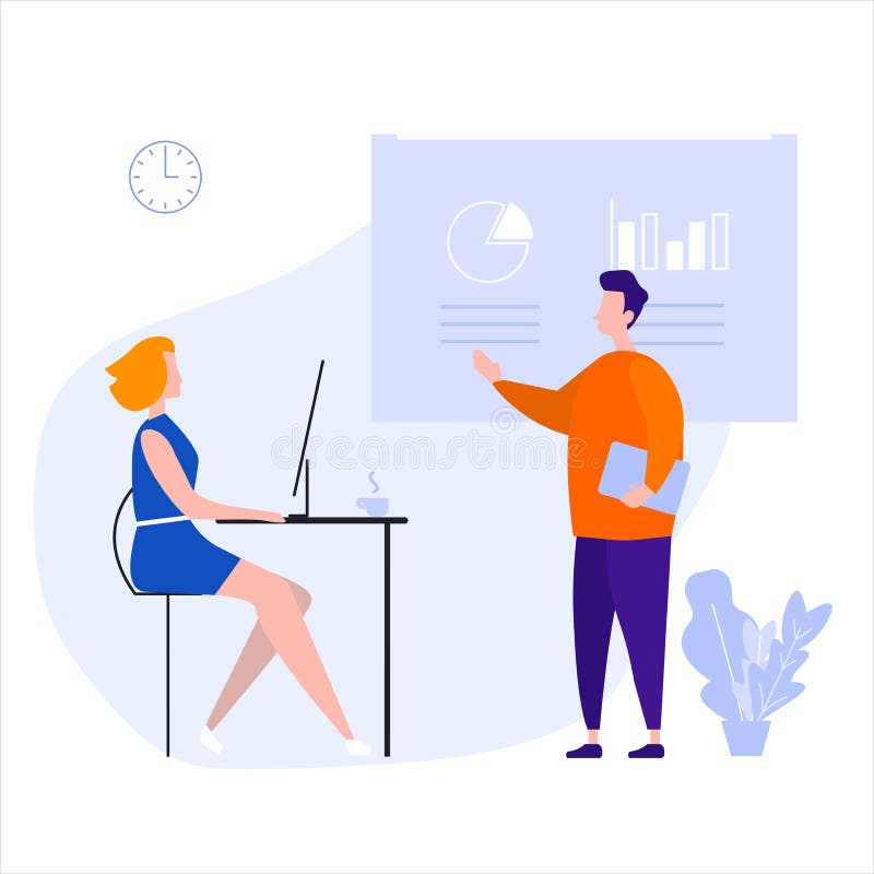 Young People Talking about Work Tasks on Meeting. Flipchart with Graph ...