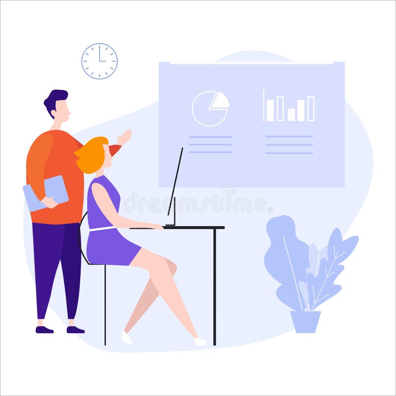 Young People Talking about Work Tasks on Meeting. Flipchart with Graph ...