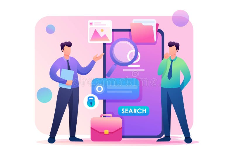 Young People Use the Mobile App To Search for Information. Flat 2D ...