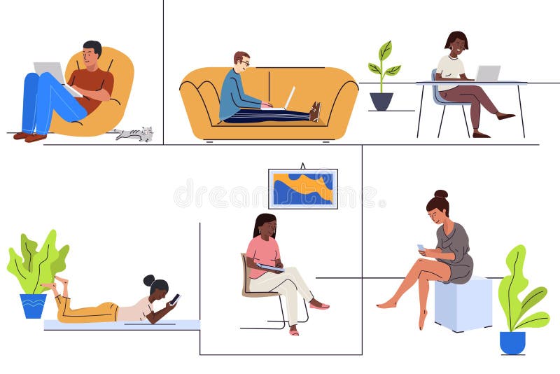 Young People Using Gadgets at Home Flat Vector Illustrations Set Stock ...